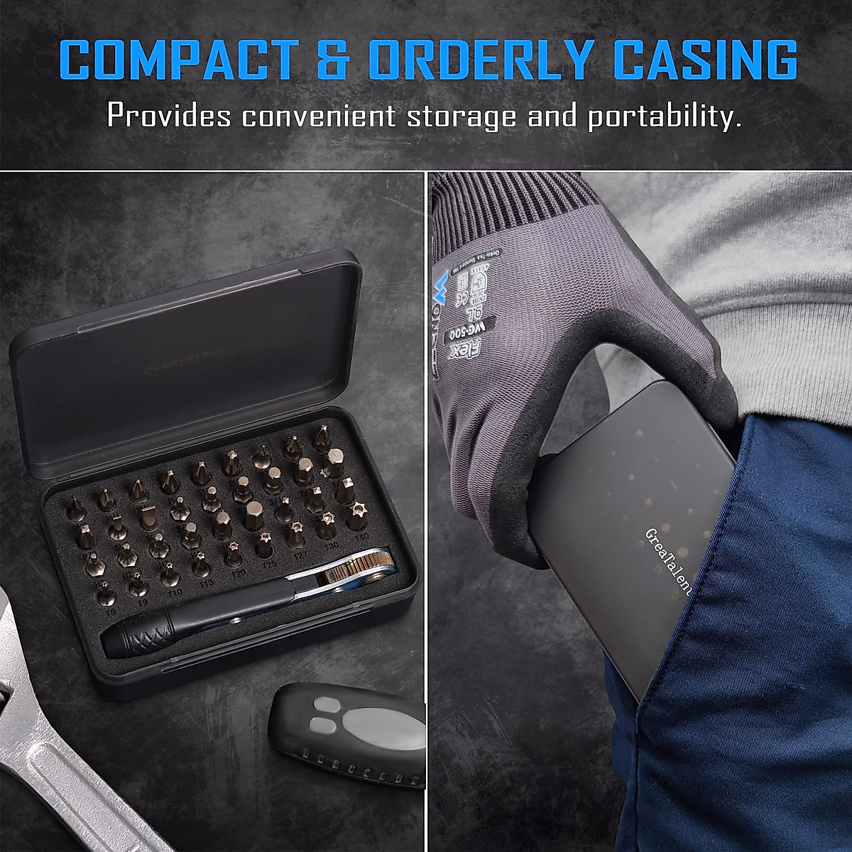 GreaTalent 37in1 S2 Steel Mini Ratchet Wrench Screwdriver Bit Set with 1/4" Hex Shank Phillips/Pozidriv/Hexagon/Torx/Slotted/Square Bits, 36-Tooth Gear, Magnetic Bit Holder, 90 Degree Drive Handle