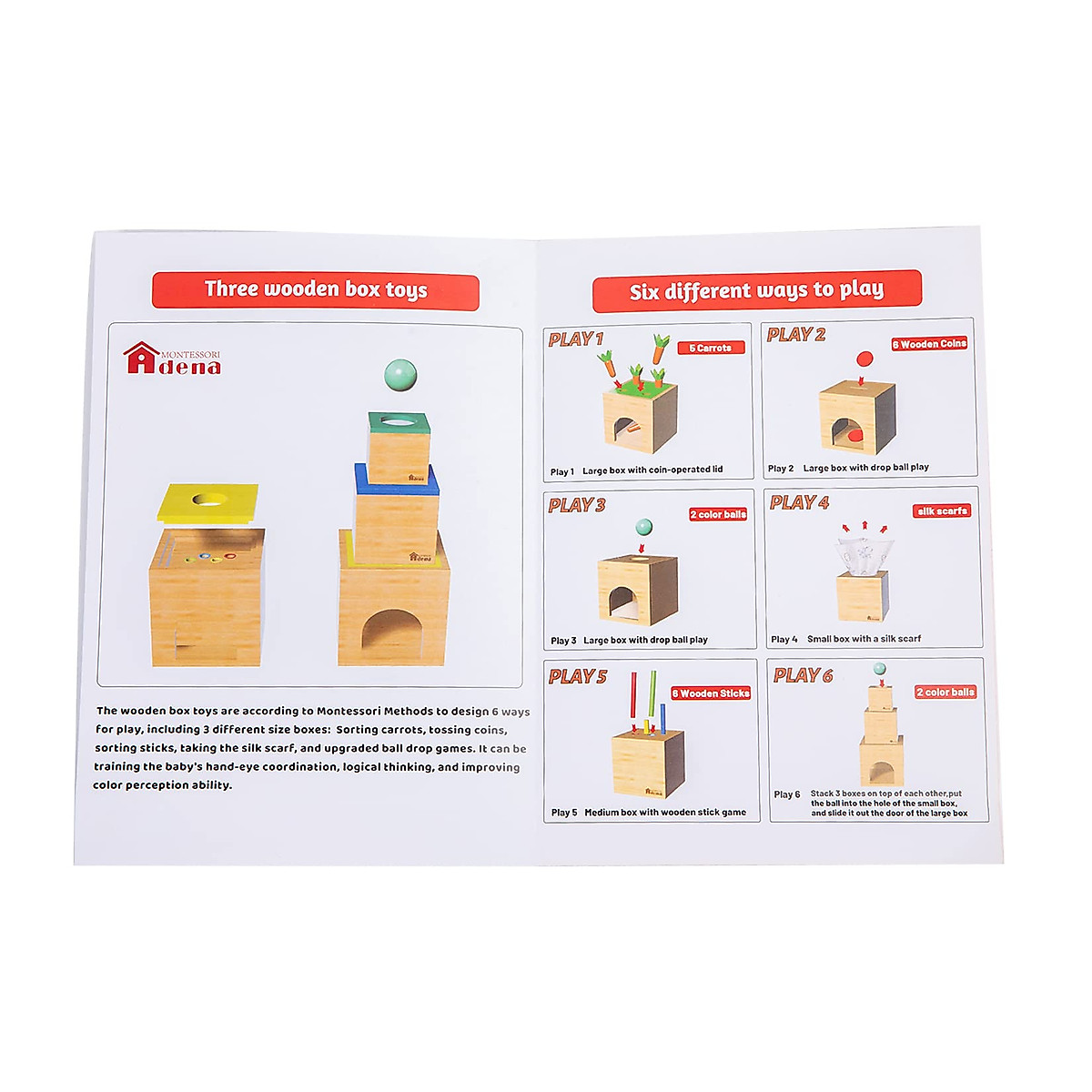 Adena Montessori 6 in 1 Play Kit Toy- 3 Nesting & Stacking Boxes, Object Permanence Drop Game, Coin Box, Carrot Harvest,Tissue Box,Sticks Matching Game for 6-12 Months 1 Year Old Toddlers 2 Year