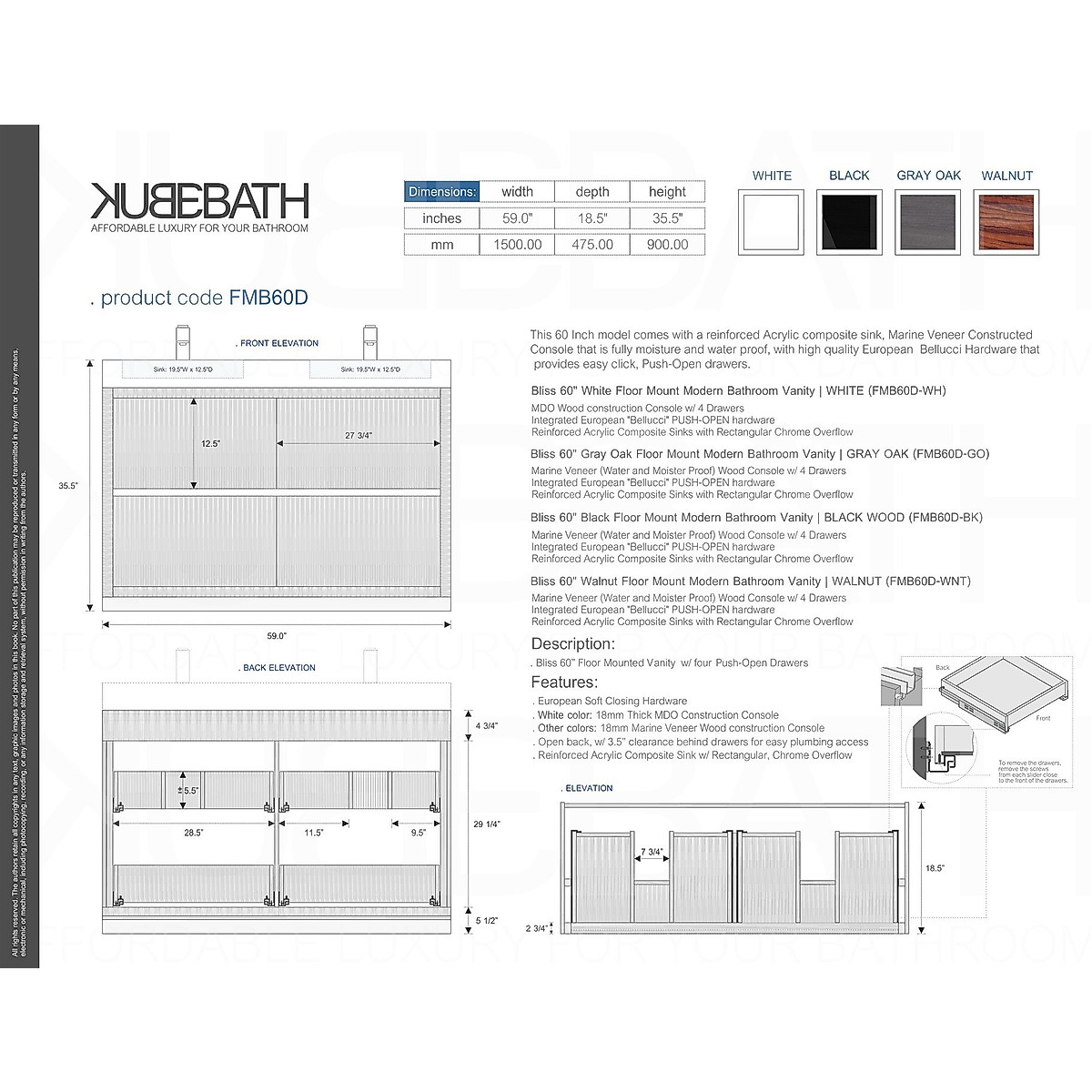 Bliss 60″ Black Double Sink Floor Mount Modern Bathroom Vanity