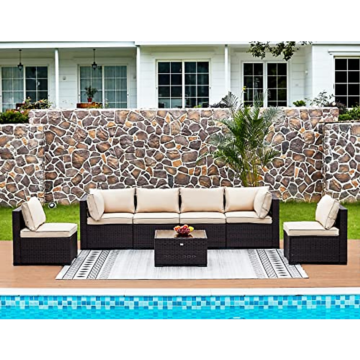 NATURAL EXPRESSIONS 7 Piece Outdoor Patio Furniture Sets,All-Weather Wicker Sectional Sofa Patio Set Conversation Set,Tempered Glass Table & Washable Cushions for Backyard,Porch,Garden,Balcony