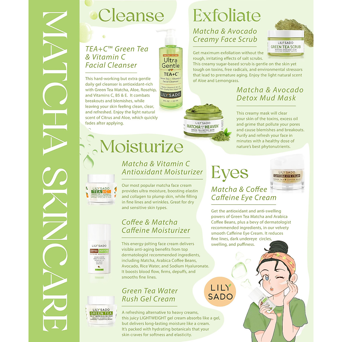 LILY SADO Green Tea Matcha & Avocado Face Mask - Organic Natural Vegan Facial Mask - Anti-Aging Antioxidant Defense Against Acne, Blackheads & Wrinkles for a Soft Glowing Complexion – 4 oz