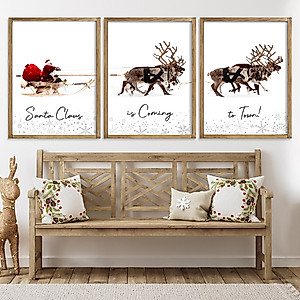 LITIVY Framed Set of 3 Christmas Wall Art Christmas Santa Claus with Sleigh Deer for Christmas Wall Decor Prints Xmas Sign for Home Decor Christmas Decorations(12"x16", Brown)
