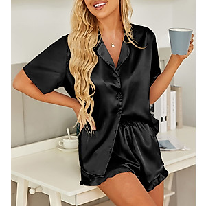 HOTOUCH Womens Silk Satin Pajamas Set Button Down Short Sleeve Sleepwear Set 2 Piece Ruffled Pjs Black, M