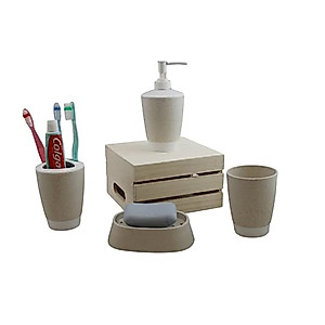 Bathroom Accessories Set 4 Piece Accesorios para Baños Soap Dispenser, Soap Dish, Tumble, Toothpaste-Toothbrush Holder (Sandstone Beige)