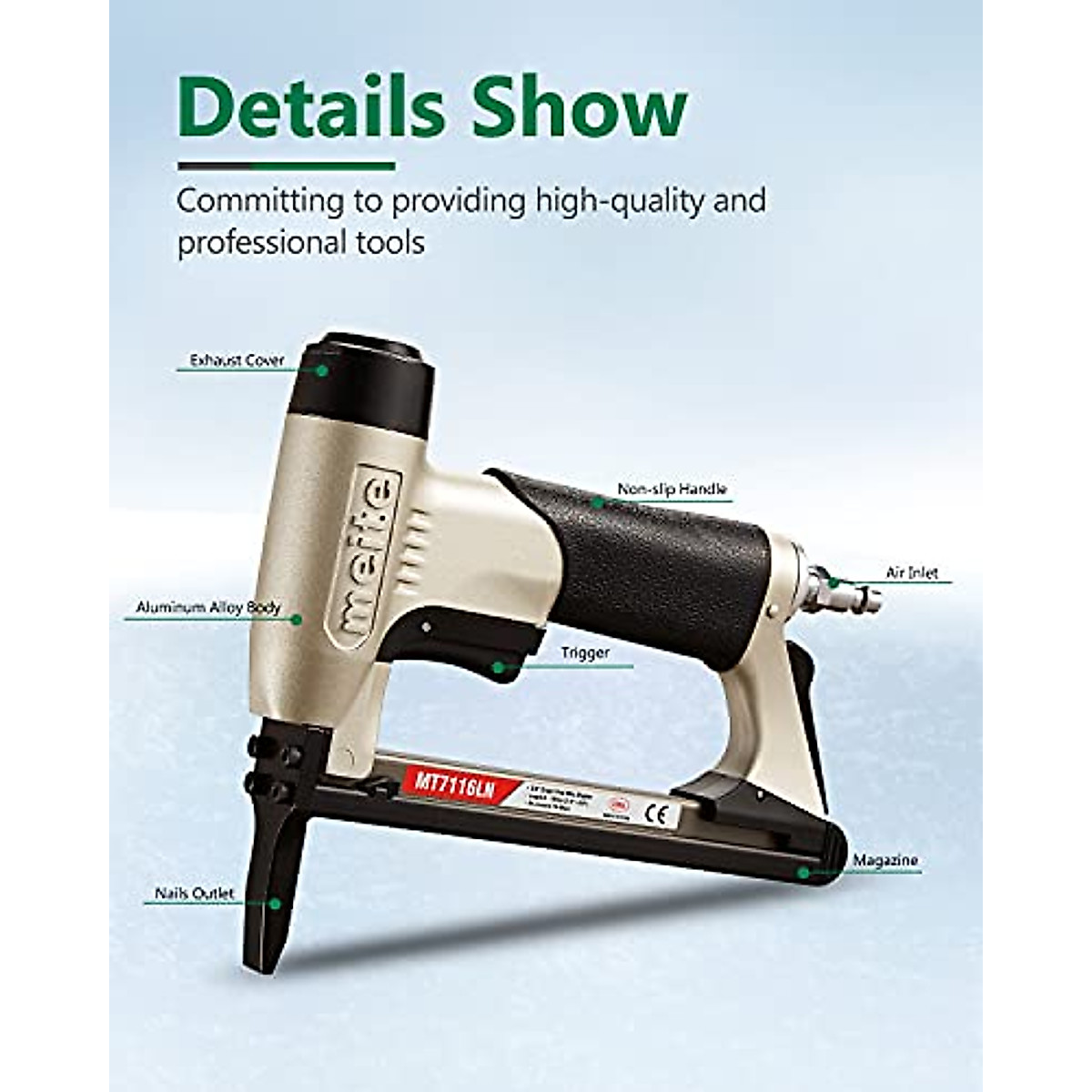 meite MT7116LN Pneumatic Upholstery Stapler 22 Gauge 71 Series 3/8" Crown 1/4" to 5/8" Length Long Nose Stapler Industrial Fine Wire Stapler