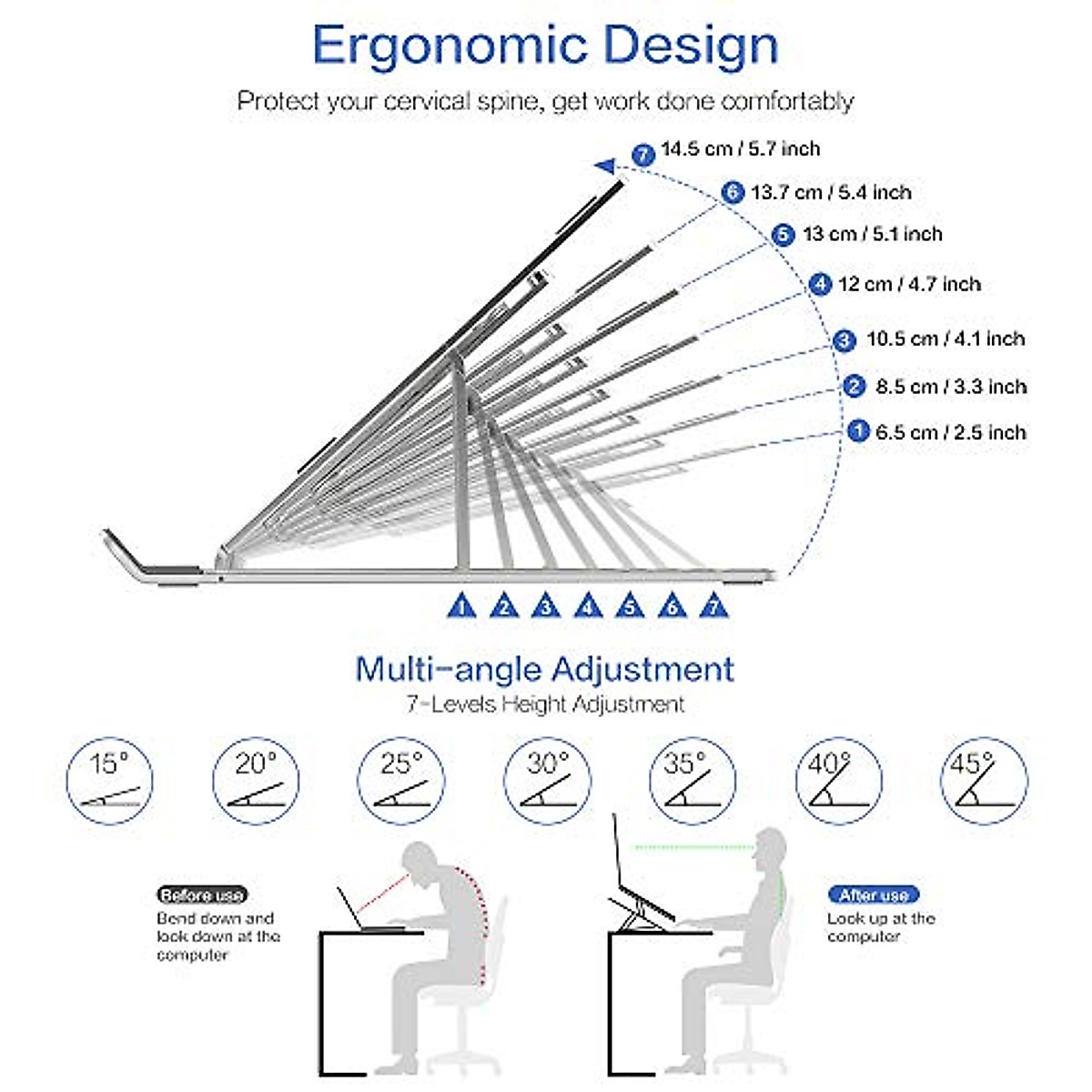 Yvnicll Laptop Stand for Desk,Adjustable Ergonomic Portable Aluminum Laptop Holder,Compatible with MacBook Air Pro, HP, Lenovo, Dell, More 10-15.6” Laptops and Tablets (Silver)