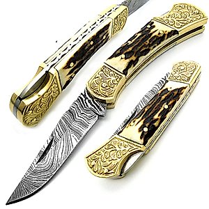 Best.Buy.Damascus1 Damascus pocket knife, Folding knife, Pocket Knife For Men, Knife Set with knife sharpeners Premium Quality gifts for men (antlers Scrimshaw)