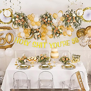 Holy Shit You're 50 banner，50th birthday banner，Womens Mens Gold Glitter Birthday Party Decoration，Fun 50th Birthday Party Supplies。