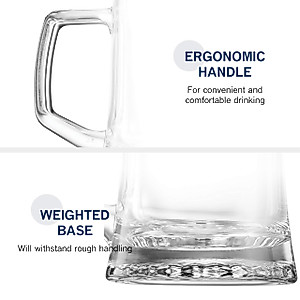 Bormioli Rocco 4-Pack Solid Heavy Large Beer Glasses with Handle - 17.1/4 Ounce Glass Steins, Traditional Beer Mug glasses Set, Perfect Coffee - Tea Glass, Everyday Drinking Glasses, Cocktail Glasses
