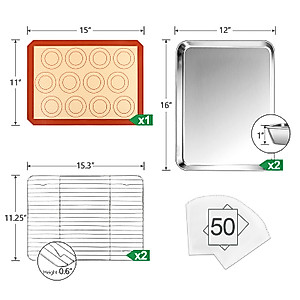 P&P CHEF 16 Inch Stainless Steel Baking Sheets with Racks and Silicone Mat, 55Pcs Cookie Sheet Oven Tray and Cooling Cooking Rack, Oven Safe, 2 Pans + 2Racks + 1 Mat + 50 Parchment Papers