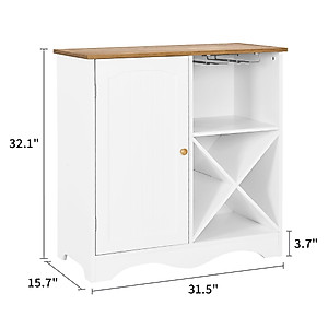 DWVO White Wine Bar Cabinet, 32" Kitchen Coffee Bar Cabinet with 2-Row Glass Holder and 4-Grid Wine Rack, Oak Wood Sideboard Buffet Storage Cabinet for Kitchen, Dining Room