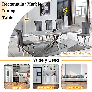Pvillez Grey Marble Dining Table for 8-10 Person, 78" Rectangle Marble Top Dining Table with Gloss Silver Stainless Steel Pedestal Base, Mid Century Modern Dining Table for Kitchen Dining Room Dinner