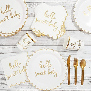 Sparkle and Bash 50 Pack Scalloped Hello Sweet Baby Napkins for Baby Shower Decorations (6.3 In)