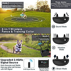 AICSDCO Wireless Dog Fence System,2023 Electric Fence & Training Collar for Dogs, 2 in 1 Pet Containment Fence and Safety Latch Dog Collar for Small,Medium,Large Dog for The Yard