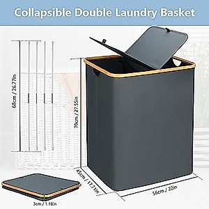 Graciadeco 170L Double Laundry Basket with Lid Foldable Extra Large 2 compartment Laundry Hamper with Handles Dirty Clothes 2 section Hamper for Laundry Bamboo Bathroom Bin Bedroom Closet, Grey