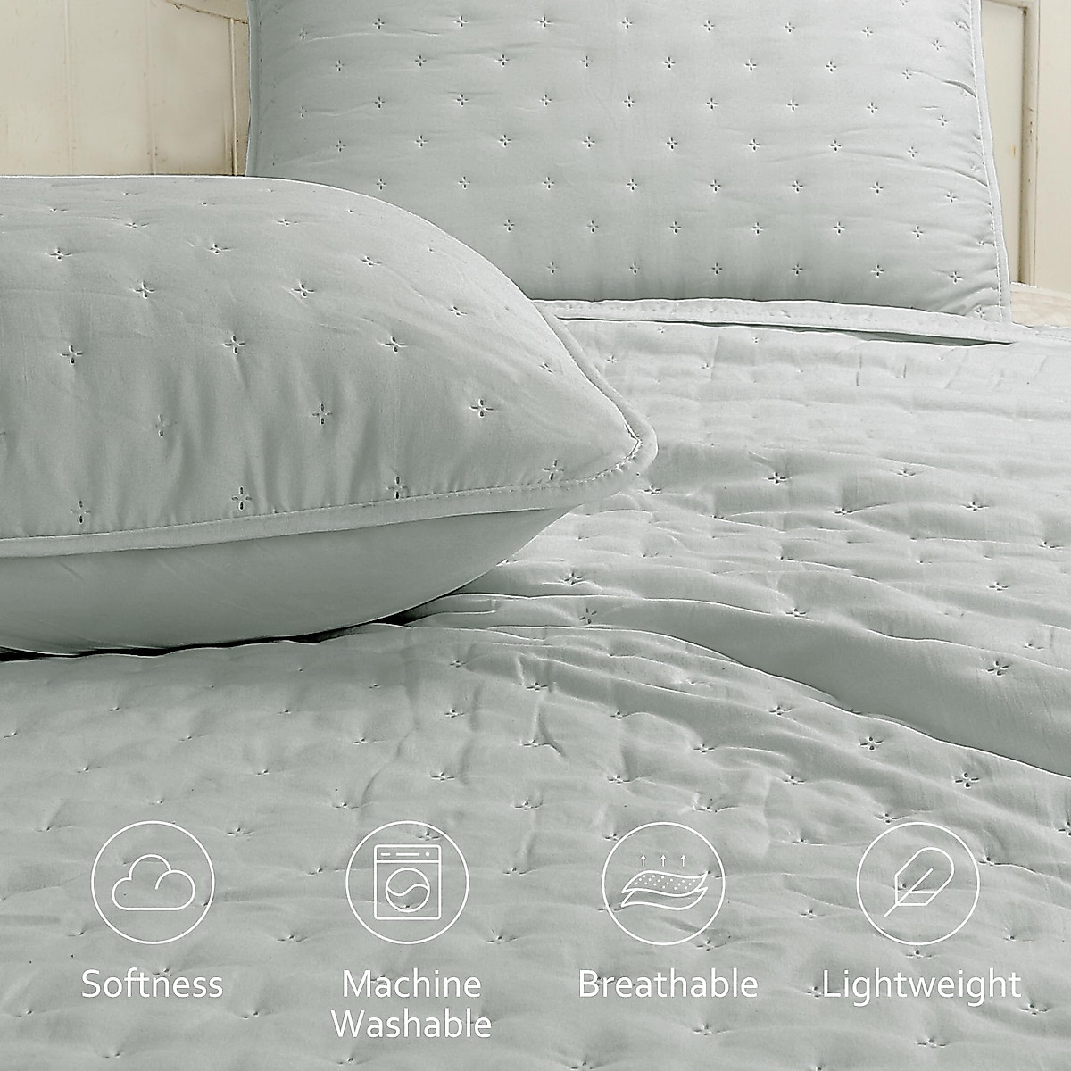 ROARINGWILD Twin Size Quilt Bedding Sets with Pillow Sham, Sage Green Lightweight Soft Bedspread Coverlet, Quilted Blanket Thin Comforter Bed Cover, All Season, 2 Pieces, 68x90 inches