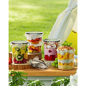 Canfanni Overnight Oats Container with Lids, 4 Pack 13oz Overnight Oats Jars, Plastic Mason Jars, BPA Free, Portable, Leak Proof Oatmeal Containers for Yogurt, Soup, Cereal, Milk and Salad