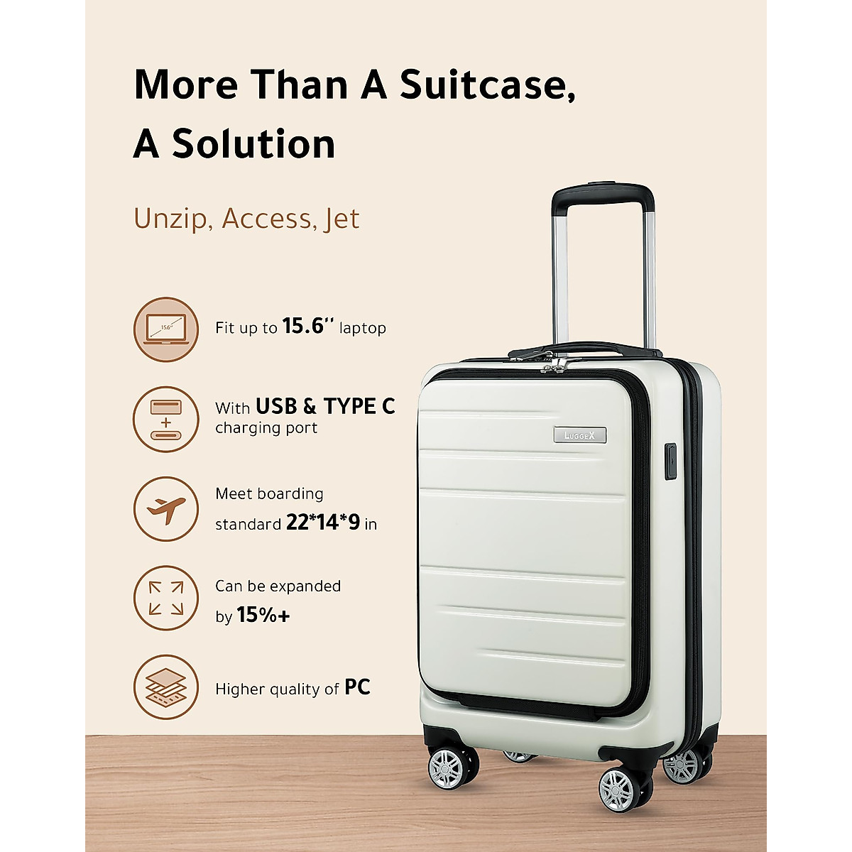 LUGGEX Carry On Luggage with Pocket Compartment - Polycarbonate Expandable Luggage with USB Port - Travel Suitcase with Wheels Airline Approved, Lightweight