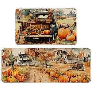cusugbaso Fall Kitchen Mats, Harvest Kitchen Rug Set of 2 - Vintage Farmhouse Pumpkin Truck Fall Decorations for Home for Floor - Fall Kitchen Decor 17"x27+17"x47"