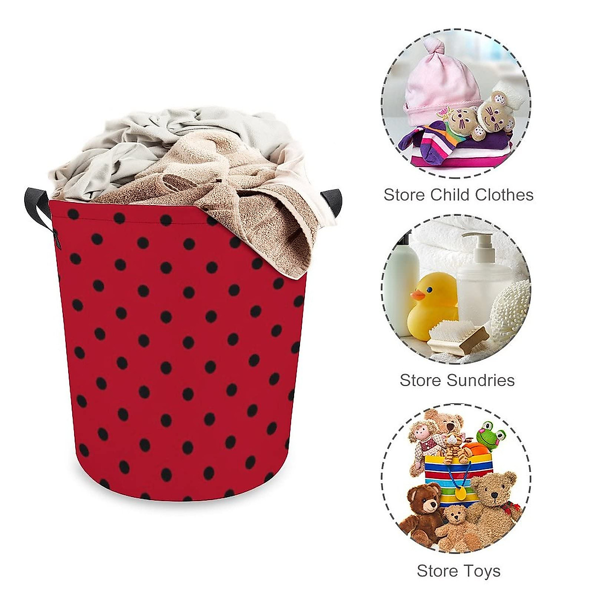 Large Laundry Hamper, Bag, Red and Black Polka Dots Collapsible Laundry Basket Dirty Clothes Washing Bin for College Dorm, Family Essentials