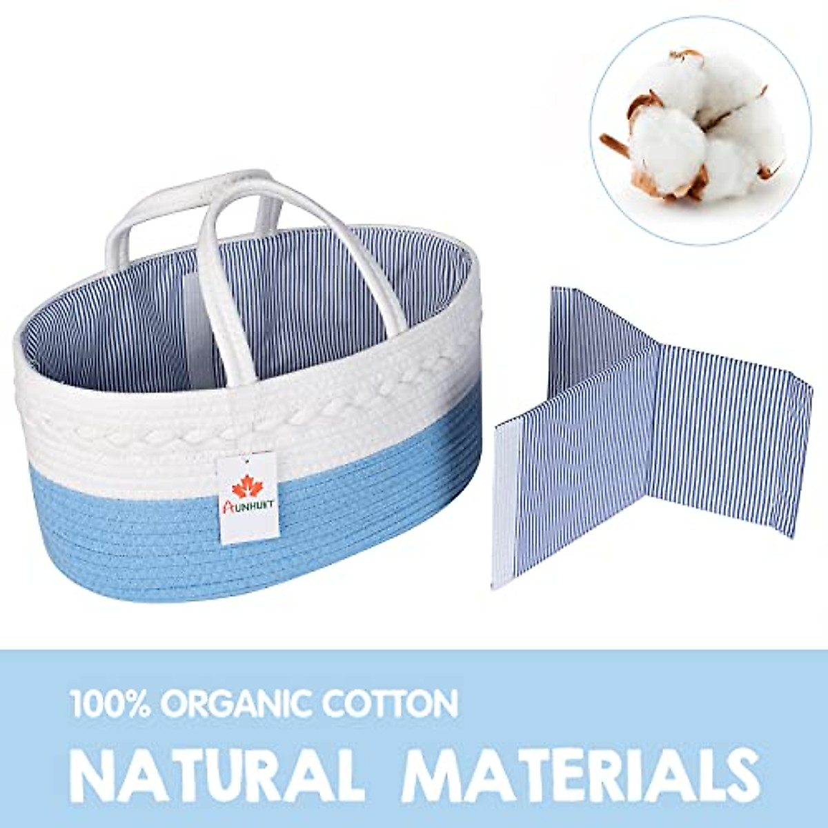 Large Baby Diaper Caddy Organizer Blue 100% Cotton Rope Basket Nursery Storage Bin Portable for Changing Table/Car Hanging Travel Bag Tote Newborn Registry Must Have Baby Boy Shower Gift Basket