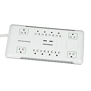 Monoprice Power & Surge - 12 Outlet Surge Protector Power Strip With 2 Built In 2.1A USB Charger Ports - 6 Feet - White | Cord UL Rated, 3,420 Joules With Grounded And Protected Light Indicator