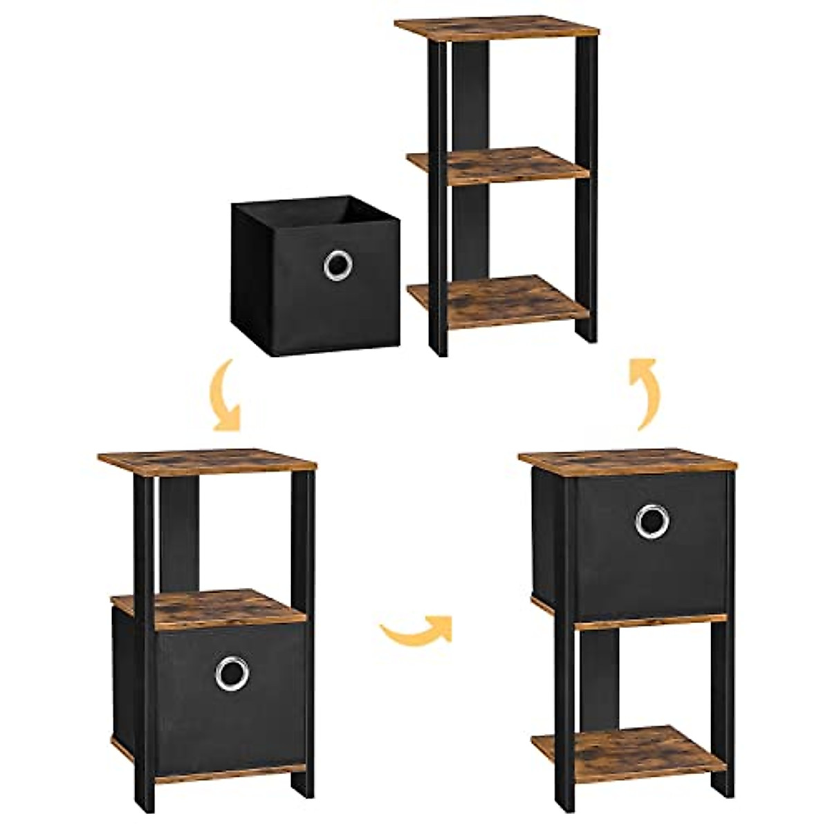 HOOBRO Bedside Table with Pull-Out Collapsible Storage Box, Retro Small Nightstand for Small Space, Living Room, Bedroom, Stable and Sturdy, Rustic Brown and Black BF35BZ01