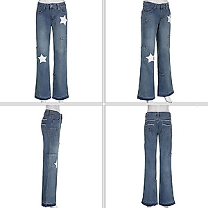 Sunidol Womens Star Jeans High Waist Baggy Cargo Jeans 90s Vintage Y2K Outfit Distressed Graphic Jeans Blue 3XL