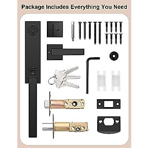 Tinewa Full Escutcheon HandleSet Front Door Entry Handle and Deadbolt Lock Set Slim Square Single Cylinder Deadbolt and Lever Heavy Duty – Matte Black Finish