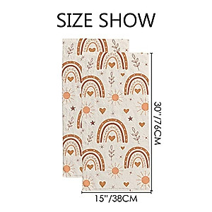 Hand Bath Towels 2 Pack Cute Boho Rainbow Sun Hearts Absorbent Face Fingertip Towels for Bathroom Kitchen Gym Spa Soft Hair Drying Cloth Quick Dry, 30 x 15 Inch