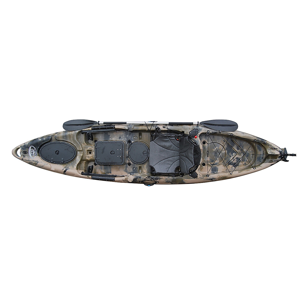 BKC UH-RA220 11.5 Foot Angler Sit On Top Fishing Kayak with Paddles and Upright Chair and Rudder System Included (Camo)