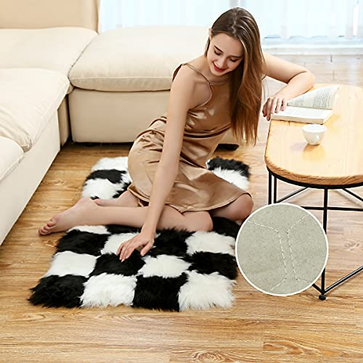 CKLZSAY Faux Fur Rug Three Layer Thick Washable Fluffy Soft Sheepskin Rug Rectangular 2x4 Feet Plush Rug for Living Room Bedroom Sofa Bedside Floor Cushion Rug (Black and White)