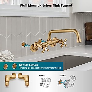 gotonovo Wall Mount Faucet 6 Inch Center Antique Brass Kitchen Sink Taps 2 Cross Knobs Handle Victorian Commercial with 9inch spout