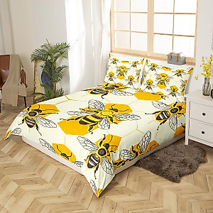 Feelyou Animal Bee Bedding Set Geometric Honeycomb Duvet Cover for Kids Boys Girls Animal Bee Comforter Cover Twin Size Bedspread Cover