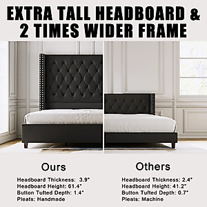 PaPaJet King Size Bed Frame 61.4" Tall Headboard Upholstered Velvet Platform Bed with Handmade Deep Button Tufted/No Box Spring Required/Black