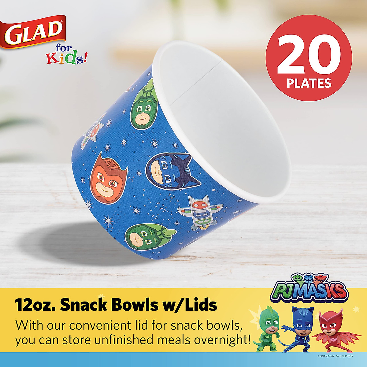 Glad for Kids 12 oz PJ Masks Space Paper Snack Bowls with Lids, 20 Ct | Disposable Paper Bowls with Lid with PJ Masks Space Design | Kids Snack Bowls for Everyday Use
