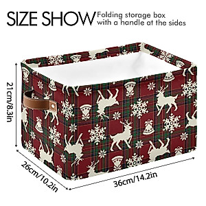 Christmas Bells Reindeer Storage Basket Fabric Laundry Baskets Winter Snowflake Xmas Red Green Buffalo Plaid Storage Boxes Organizer Bag for Cloth Toy Book Storage Cubes Shelf Closet Bins 16×12×8