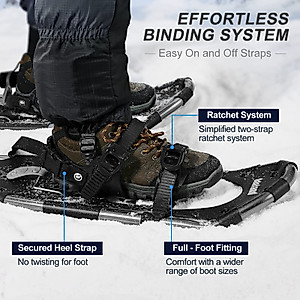Odoland 4-in-1 Snowshoes Snow Shoes for Men and Women with Trekking Poles, Carrying Tote Bag and Waterproof Snow Leg Gaiters, Lightweight Snow Shoes Aluminum Alloy, Black, Size 30''