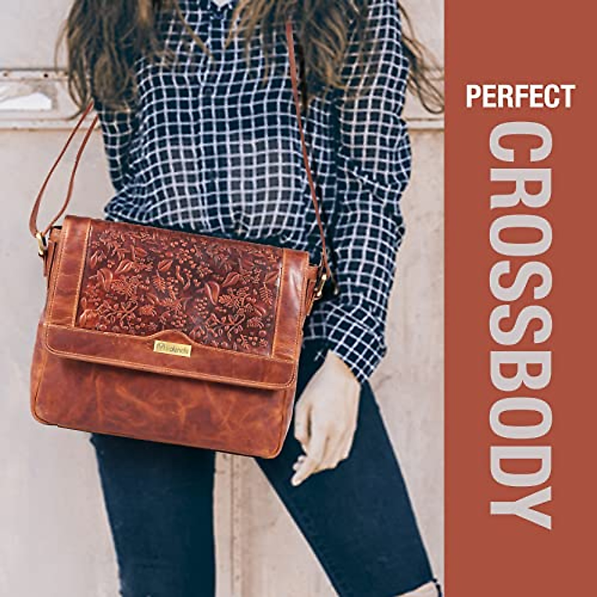 LEVOGUE Crossbody bag in Genuine Leather with flower embossing-Elegant and Classic design