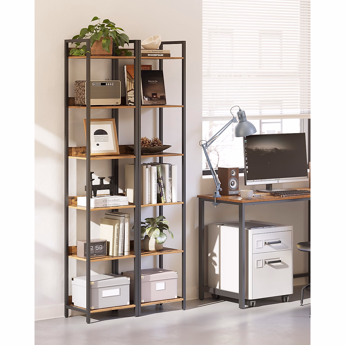 bresurv 6-Tier Bookshelf, Narrow Bookcase with Open Shelves, Talll Book Shelf Coner Shelf for Living Room, Bedroom, Home Office, Study, Bathroom,11.5 x 15.7 x 72.6 Inches, Rustic Brown and Black