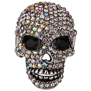 YACQ Women's Skull Stretch Rings Fit Finger Size 7 TO 9 - Moving Jaw - Lead & Nickle Free - Paved Crystals - (1-1/2 x 1) Inch - Scarf Holders - Women Girls Biker Jewelry (Silver AB)