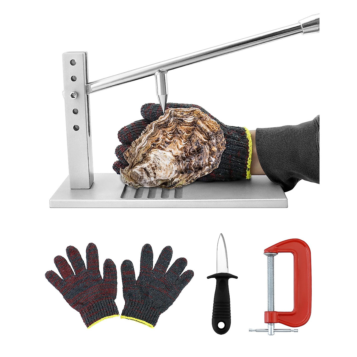 QWORK Oyster Shucker Machine Set - Oyster Shucker Tool, Adjustable Stainless Steel Oyster Opener Tool with Aluminum Alloy Base, Suction Cups, G-Clip, Knives, and Cut-Resistant Gloves