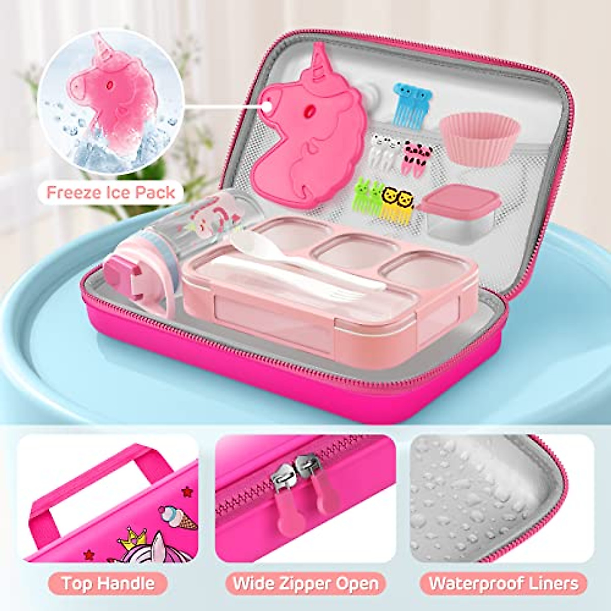 TIME4DEALS Unicorn Insulated Lunch Bag Set Bento Lunch Box for Kids, Bento-Style Leakproof 4 Compartments Lunch Container Water Bottle Ice Pack Muffin Cup Spoon Bento Box Set Kid Toddler School Lunch