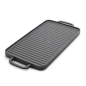 GreenPan x Bobby Flay Cast Iron Pre-Seasoned 11” Reversible Double Burner Rectangle Grill/Griddle, Helper Handles, Induction Suitable, Versatile Stovetop, Oven, BBQ & Fire, Indoor/Outdoor Use, Black