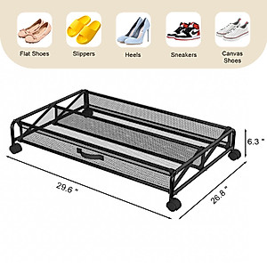 KOSIWU Under Bed Shoe Storage with Wheels, 2 Pack Rolling Under Bed Storage Containers for Shoes Metal Shoe Rack Organizer Bedroom Organization
