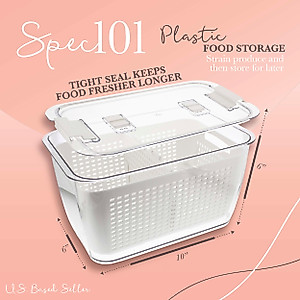 Spec101 Plastic Food Storage 10in - Kitchen Strainer Container with Lid, Large Fridge Containers for Fruits, Vegetables