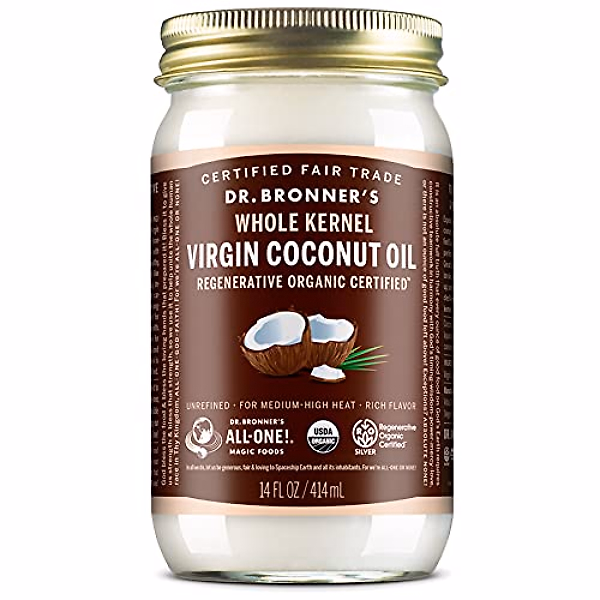 Dr. Bronner's - Organic Virgin Coconut Oil (Whole Kernel, 14 Ounce) - Coconut Oil for Cooking, Baking, Hair & Body, Unrefined & Fresh-Pressed, Rich & Nutty Flavor, Fair Trade, Vegan, Non-GMO