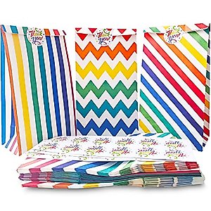 30 Pack Rainbow Party Favor Bags, Goodie Bags for Kids with Stickers, Vivid Stripes Chevron Paper Treat Bags, Food Safe, Biodegradable for Party Supplies, School Lunches, Baby Shower, Birthday Parties (3 Designs)