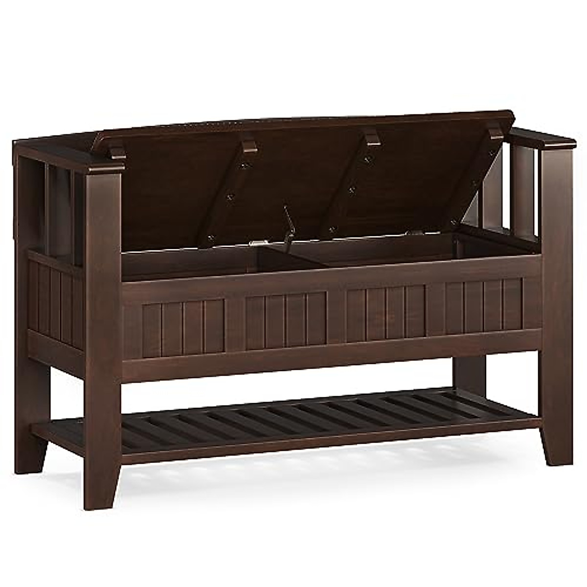 SIMPLIHOME Acadian Solid Wood 48 Inch Wide Transitional Entryway Storage Bench with Shelf in Brunette Brown, for The Living Room, Entryway and Family Room