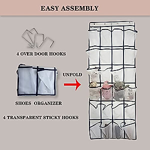 JOYUETLAN Over the Door Shoes Organizers, 24 Large Mesh Pockets& 2 Kinds of Hooks, Versatile Usage Shoe Hanger for Home Dormitory Closet Door (White)